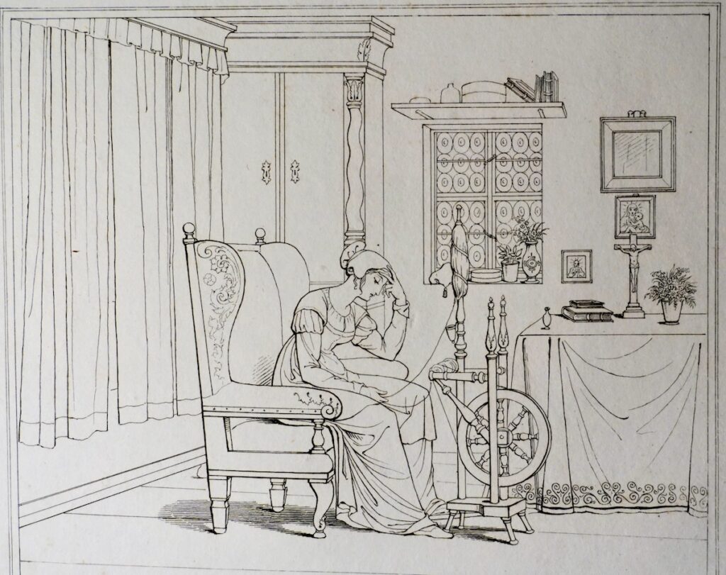 Antique Engraving Print, Margaret disconsolate at her spinning wheel ...